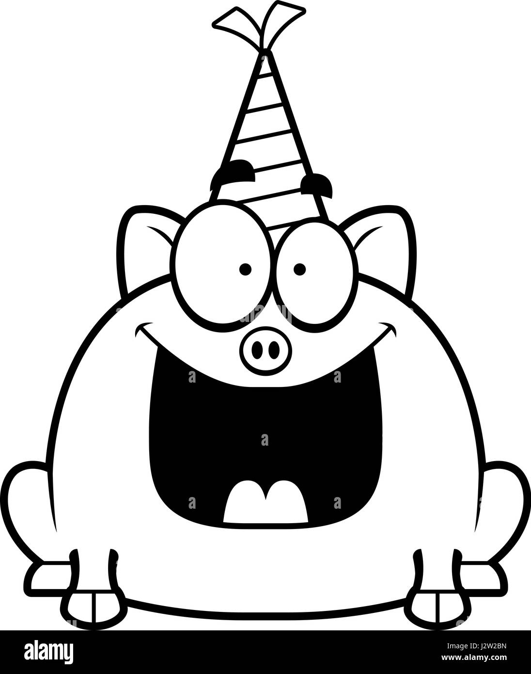 A cartoon illustration of a little pig with a party hat looking happy ...
