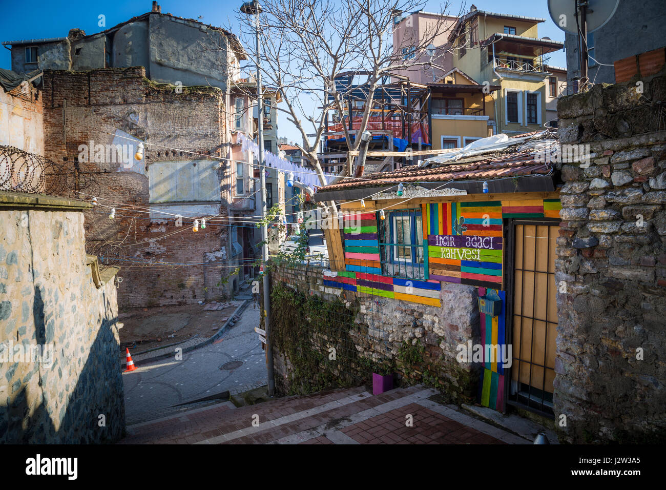 Entrance to a little cafe with colourful facade in Galata area ...