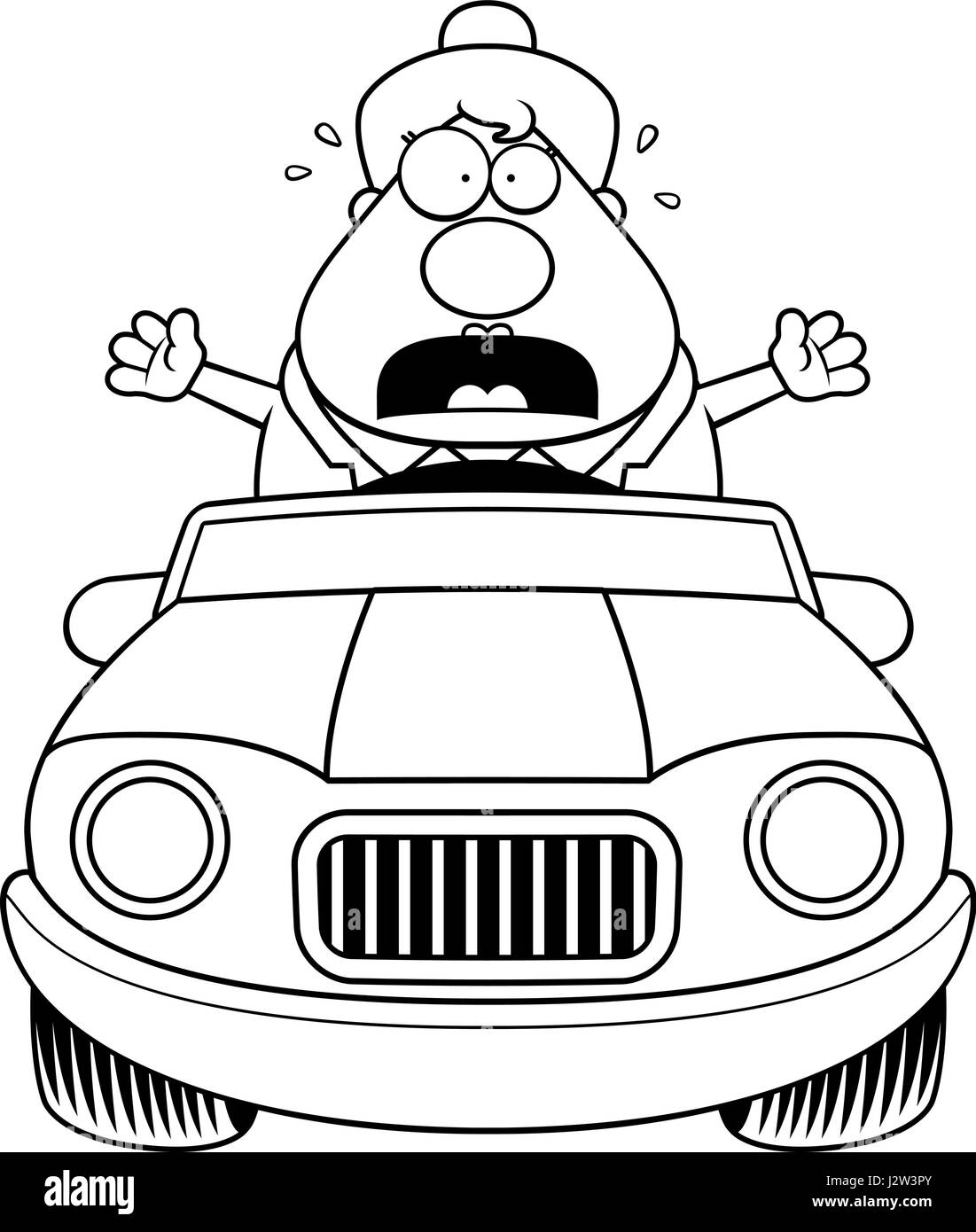 A cartoon illustration of a businesswoman driving a car and panicking ...