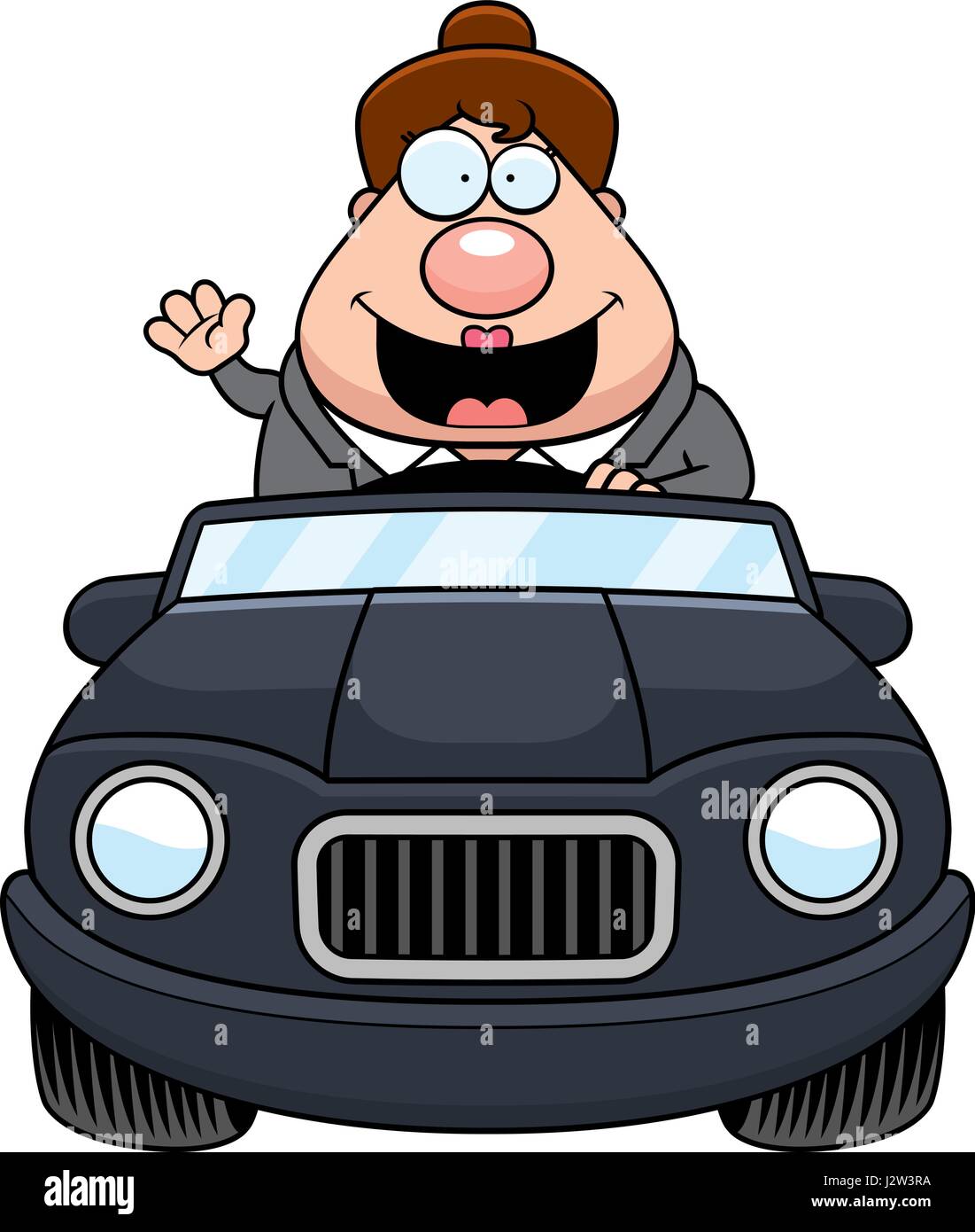 A cartoon illustration of a businesswoman driving a car and waving ...