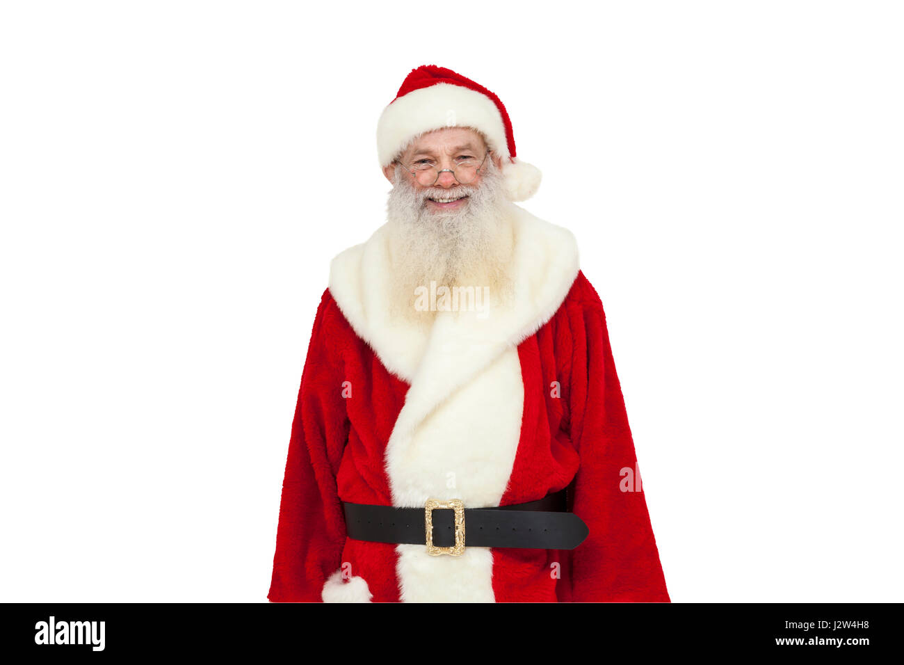 Santa Claus with real beard smiling into camera (isolated Stock Photo ...
