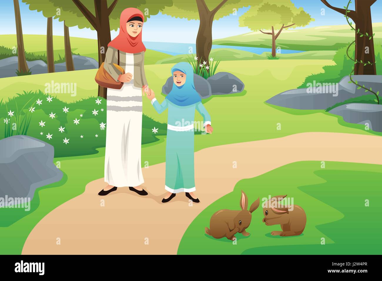 A vector illustration of Muslim Girl and Her Mother Walking in a Park ...