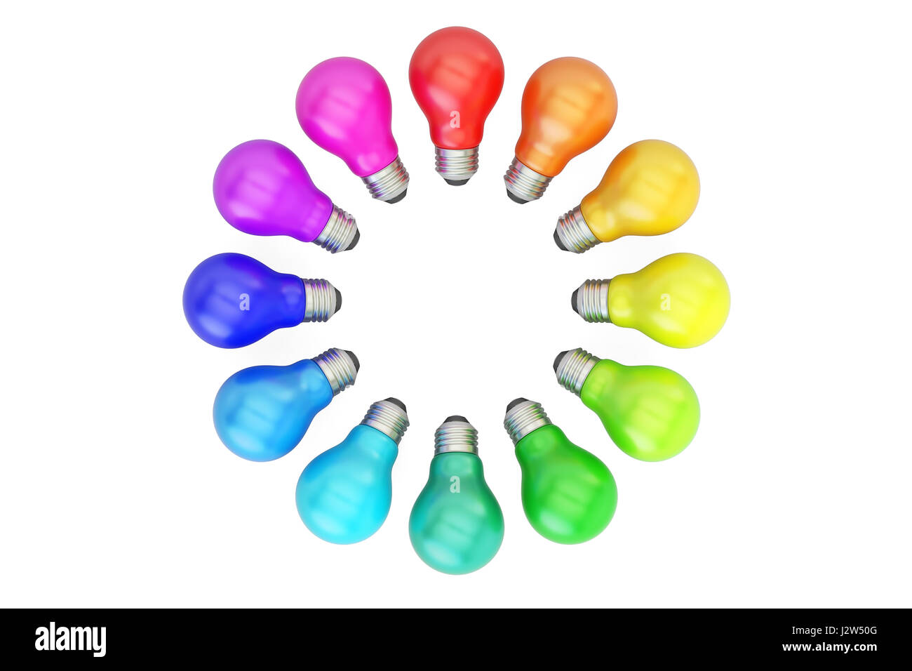 Multicolored light bulbs, 3D rendering isolated on white background ...