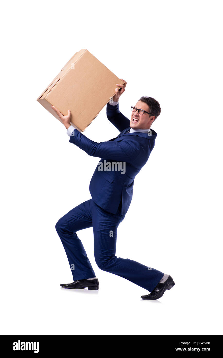 Businessman lifting box isolated on white Stock Photo - Alamy