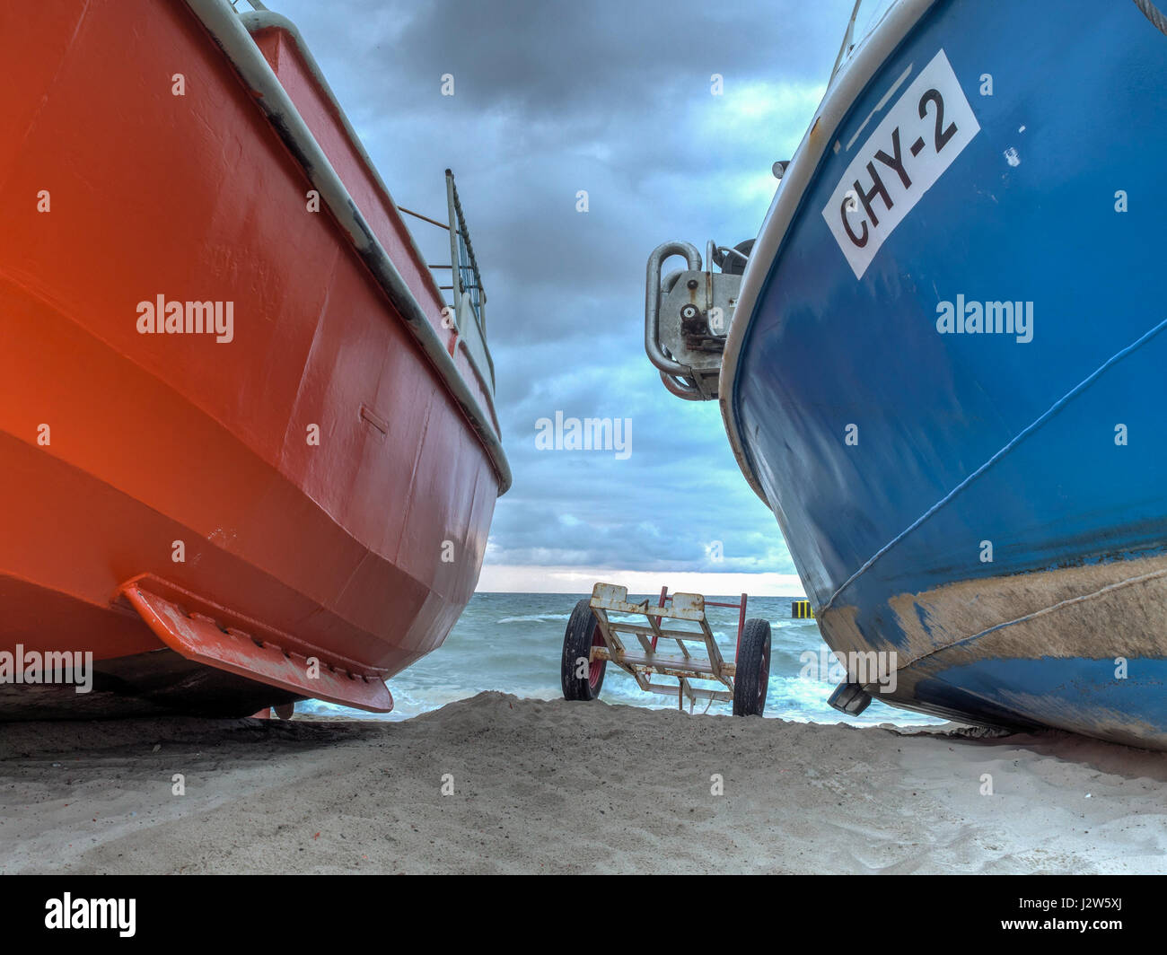 Chlopy, Poland - August 01, 2016: Colourful fishing boats in a harbour ...