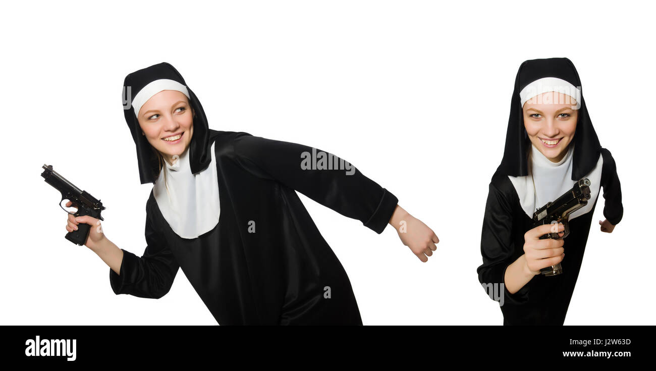 Nun with handgun isolated on white Stock Photo - Alamy