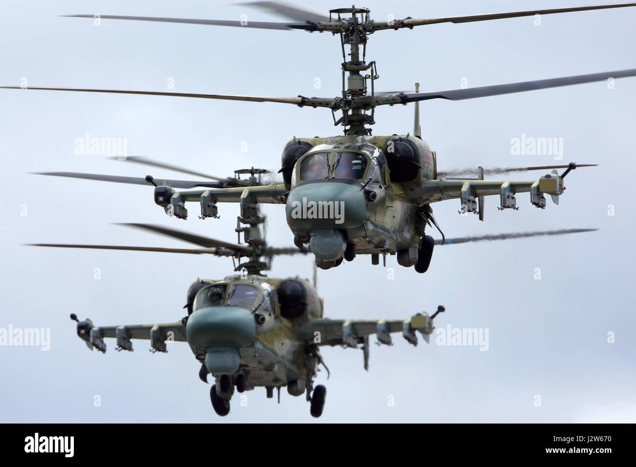 KUBINKA, MOSCOW REGION, RUSSIA - APRIL 24, 2017: Pair of Kamov Ka-52 ...