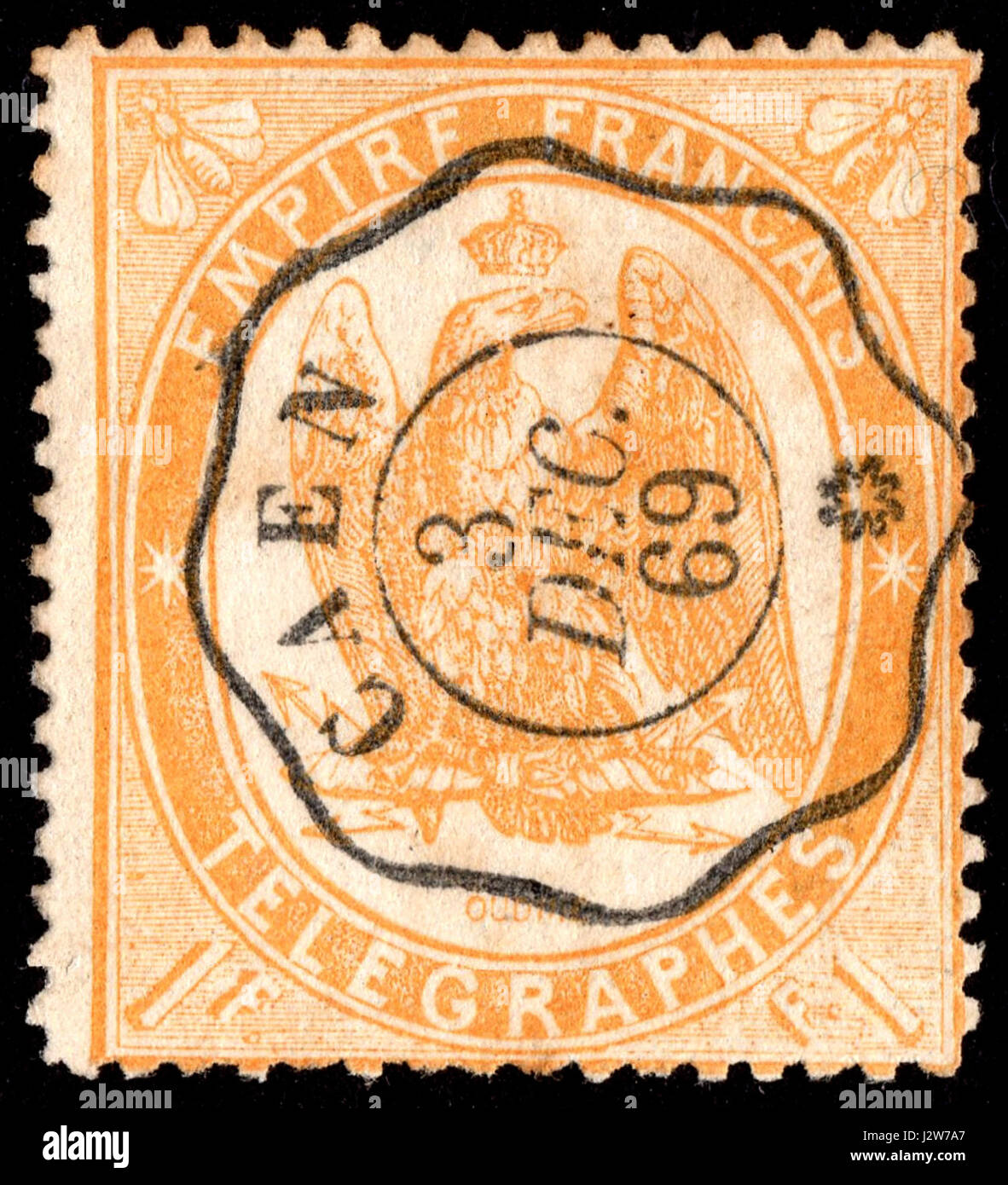 This image features a 1 franc French telegraph stamp from 1869, issued ...