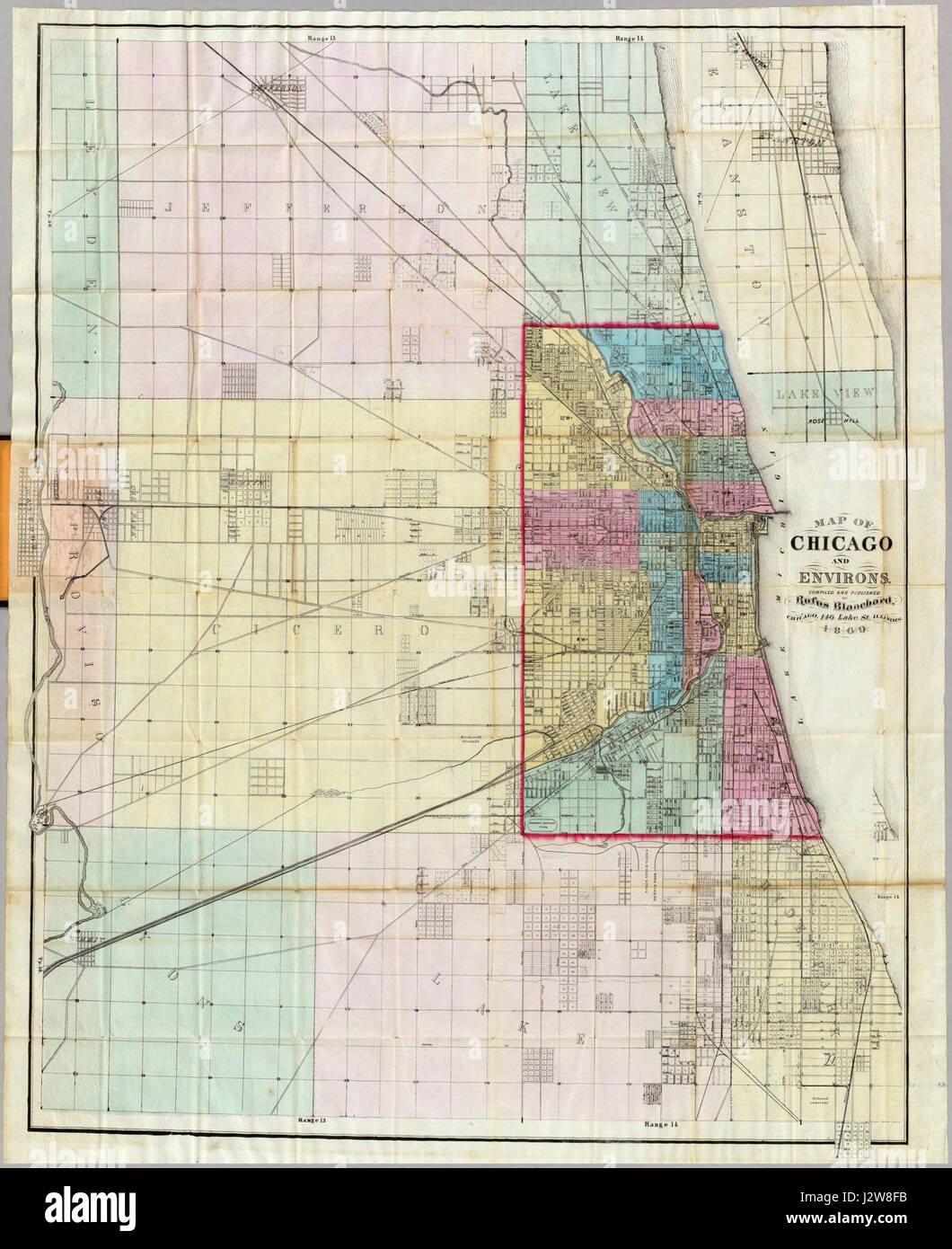 Blanchard's 1869 map of Chicago and its surrounding areas is a ...