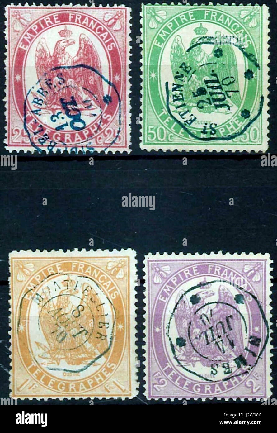 French telegraph stamps from 1870, used to send messages via telegraph ...