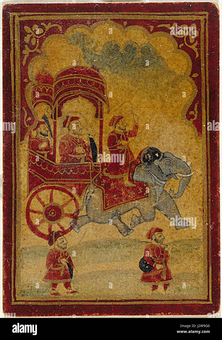 This historical depiction portrays a king riding in a lavish carriage ...