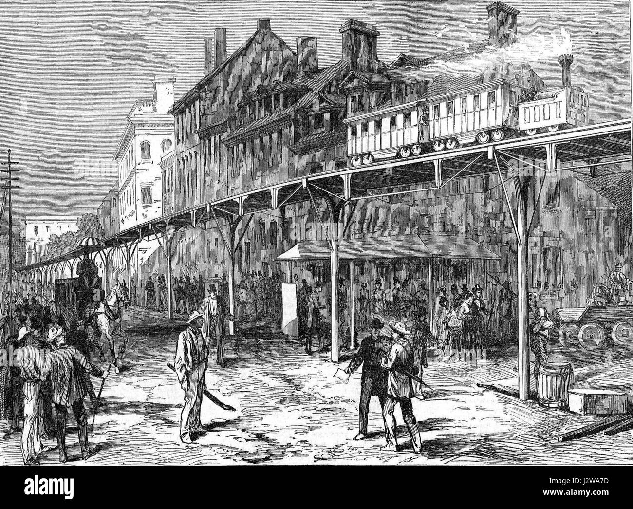 This 1876 engraving portrays a street railway in New York, showing the ...