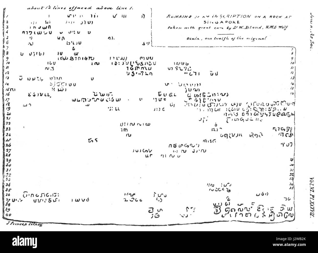 A drawing by W. Bland depicting the Singapore Stone, a historical ...