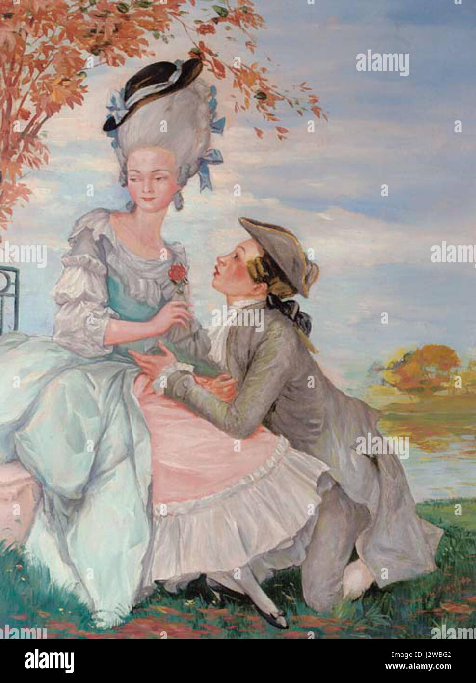 This artwork by K. Somov from 1913 depicts a suitor kneeling before his ...