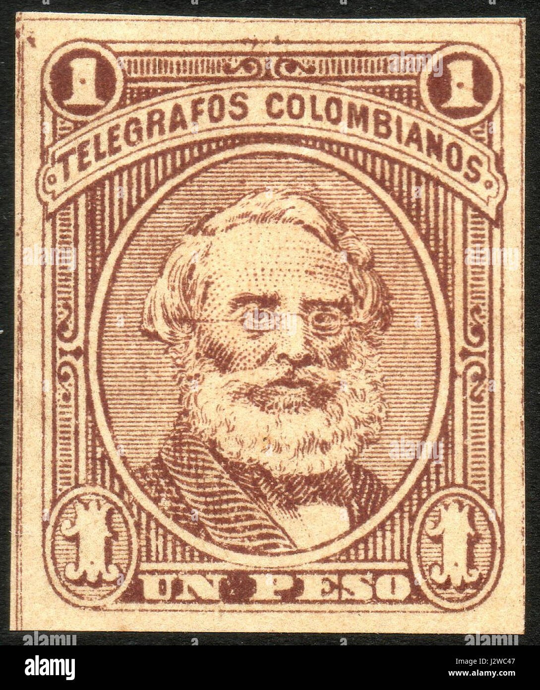 This item is a 1-penny telegraph stamp from Colombia, issued in 1882 ...
