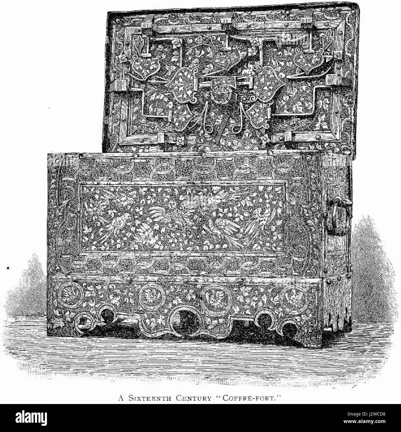A 16th-century coffre-fort, a type of strongbox or safe used in Europe ...