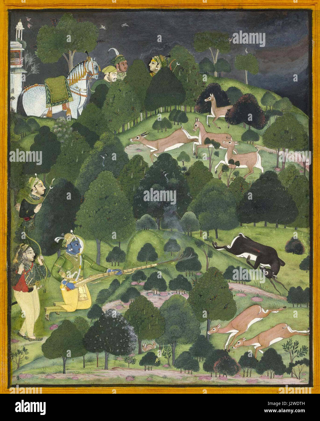 This artwork from 1770-75 depicts Lord Krishna hunting a black buck in ...
