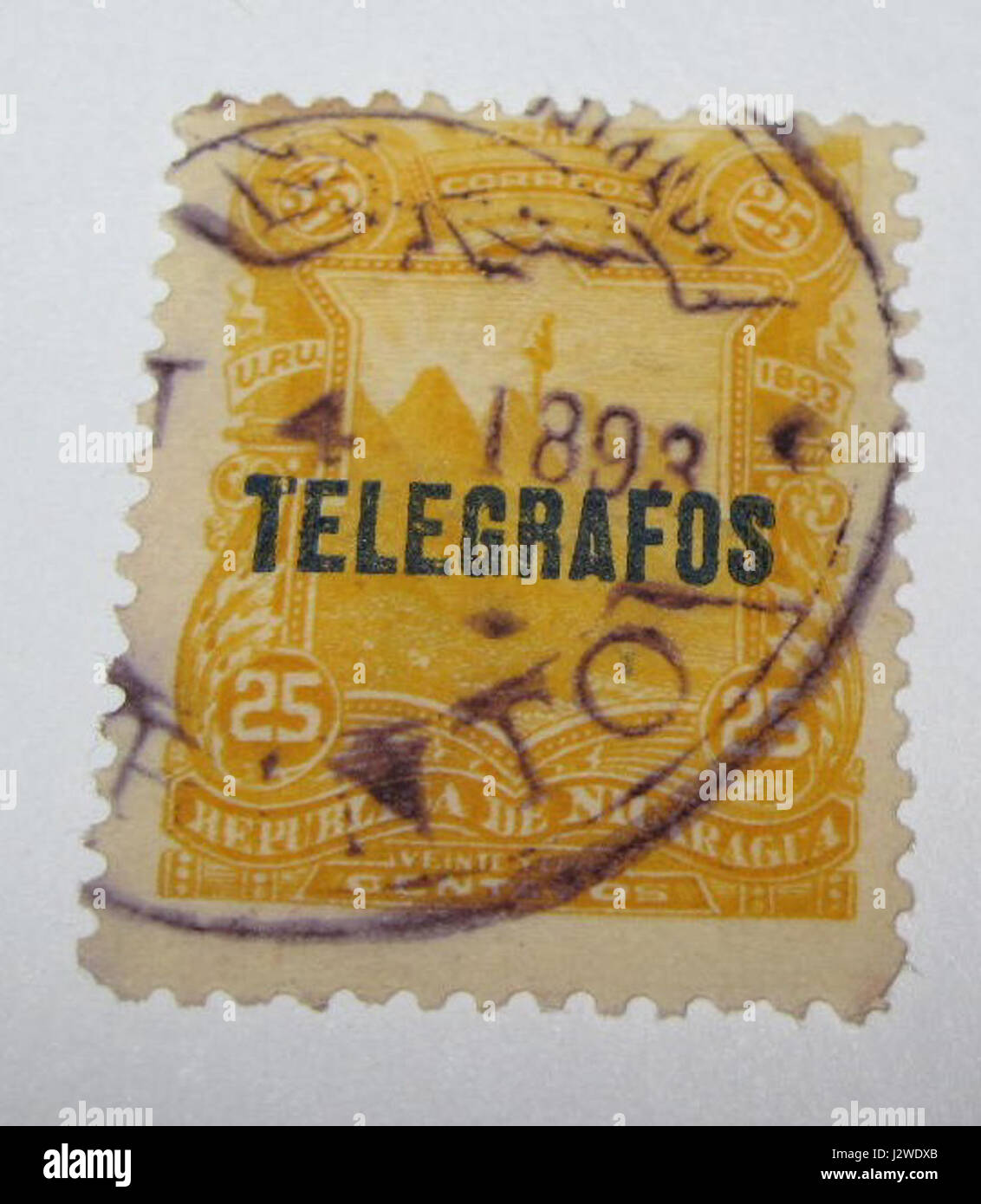 This image shows a used telegraph stamp from Nicaragua, dated 1893. The ...