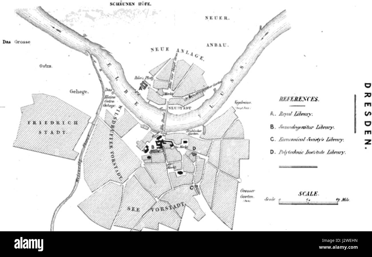 This 1849 map depicts the public libraries in Dresden, Germany ...