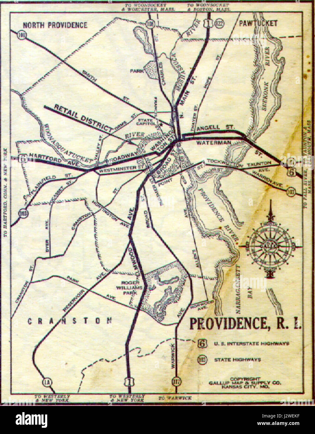 A 1930 road map of Providence, Rhode Island, illustrating the city's ...
