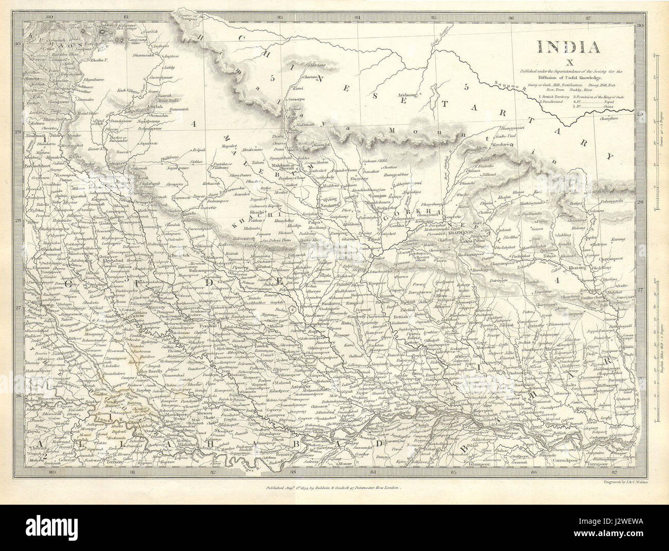 The 1834 S.D.U.K. map of North India, Nepal, and Allahabad offers ...