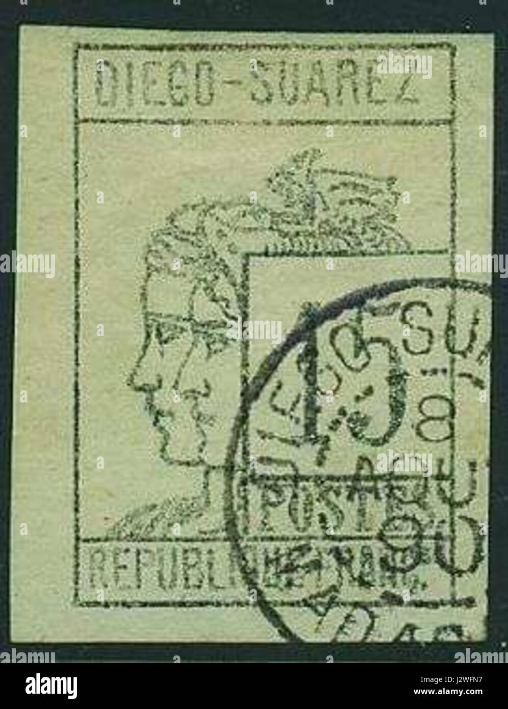 This stamp from 1890 depicts Diego Suarez, a port town in Madagascar ...