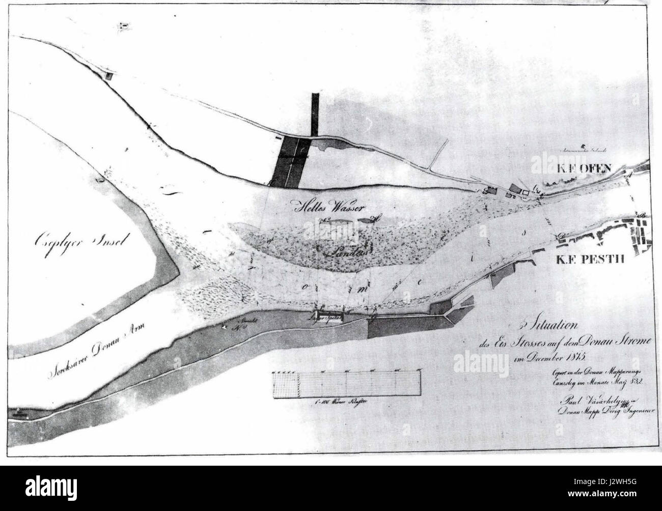 The 1815 map titled 'A Duna medre Pest-Buda alatt' depicts the riverbed ...