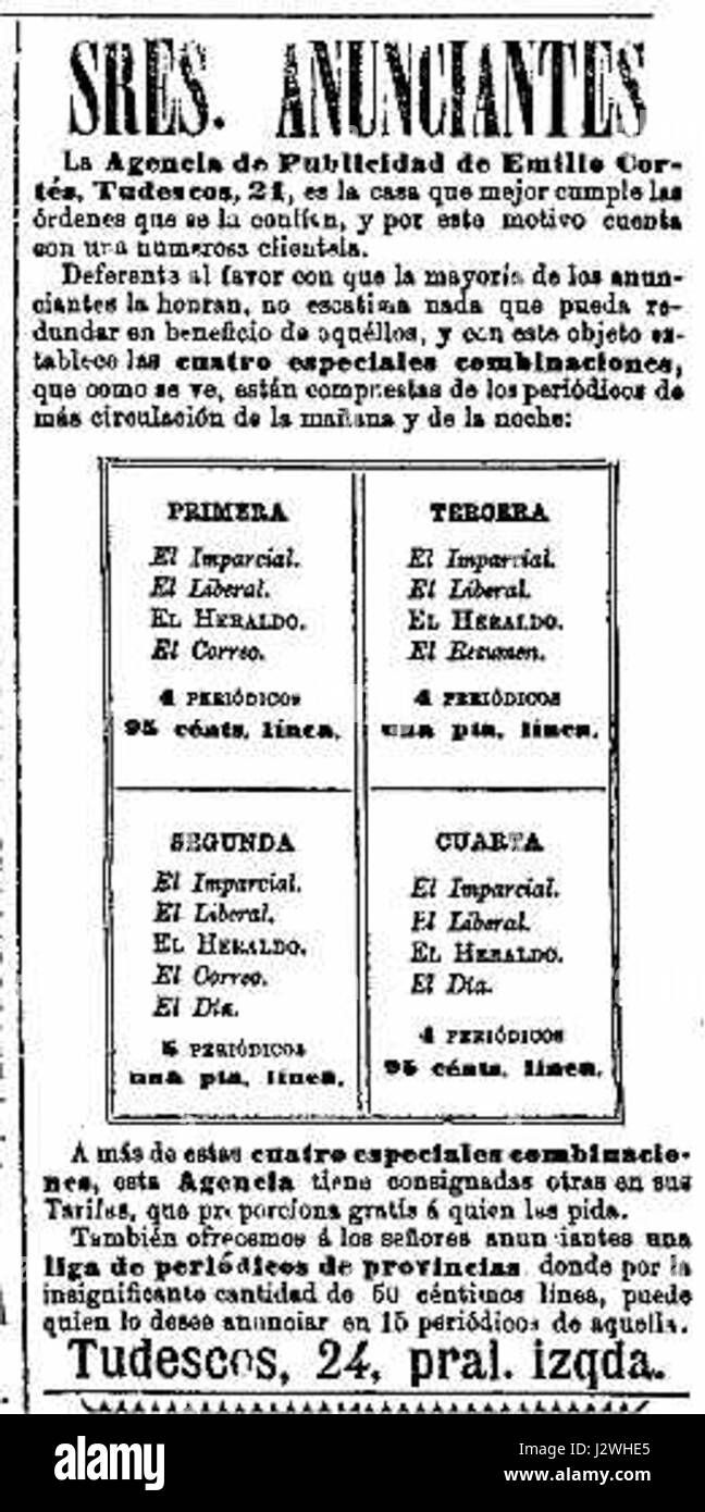 A 1892 advertisement for Emilio Cortes Tudescos, a Spanish advertising ...