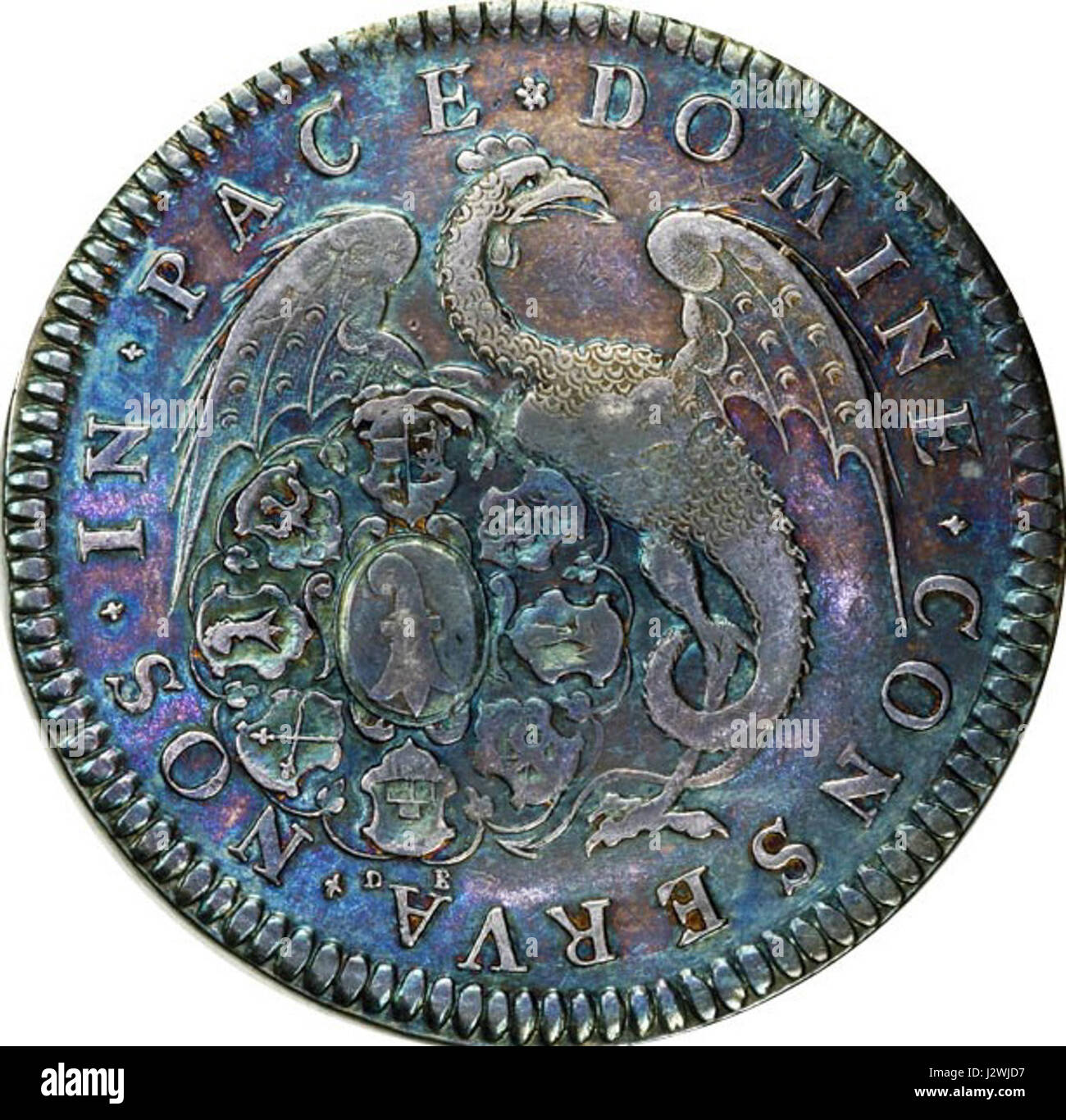 The reverse side of a Basel city view taler (silver coin) features a ...