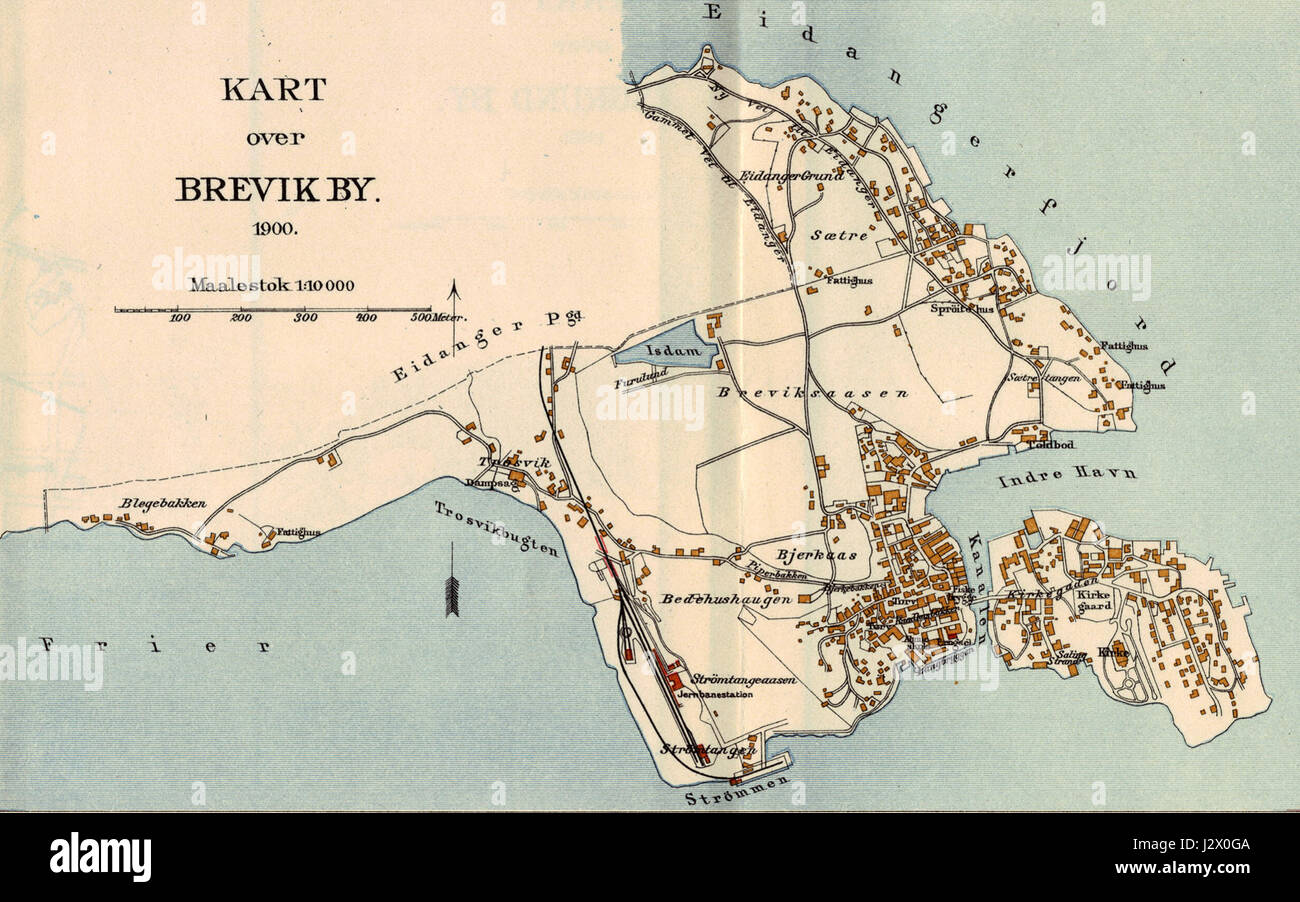 The 1900 map of Brevik, a coastal town in Norway, provides a detailed ...
