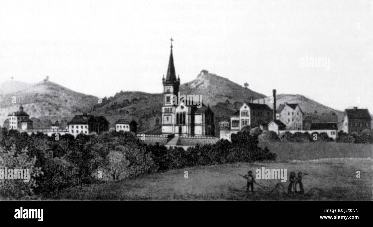 This historical photograph from 1869 shows the town of Bensheim ...