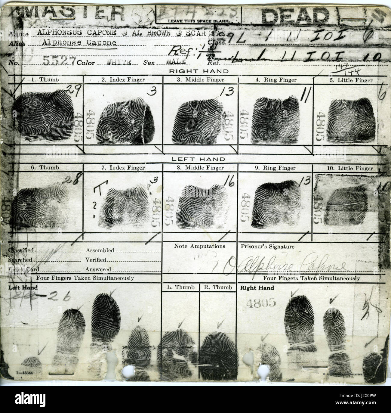 A historical artifact showing Al Capone's fingerprint card, an ...