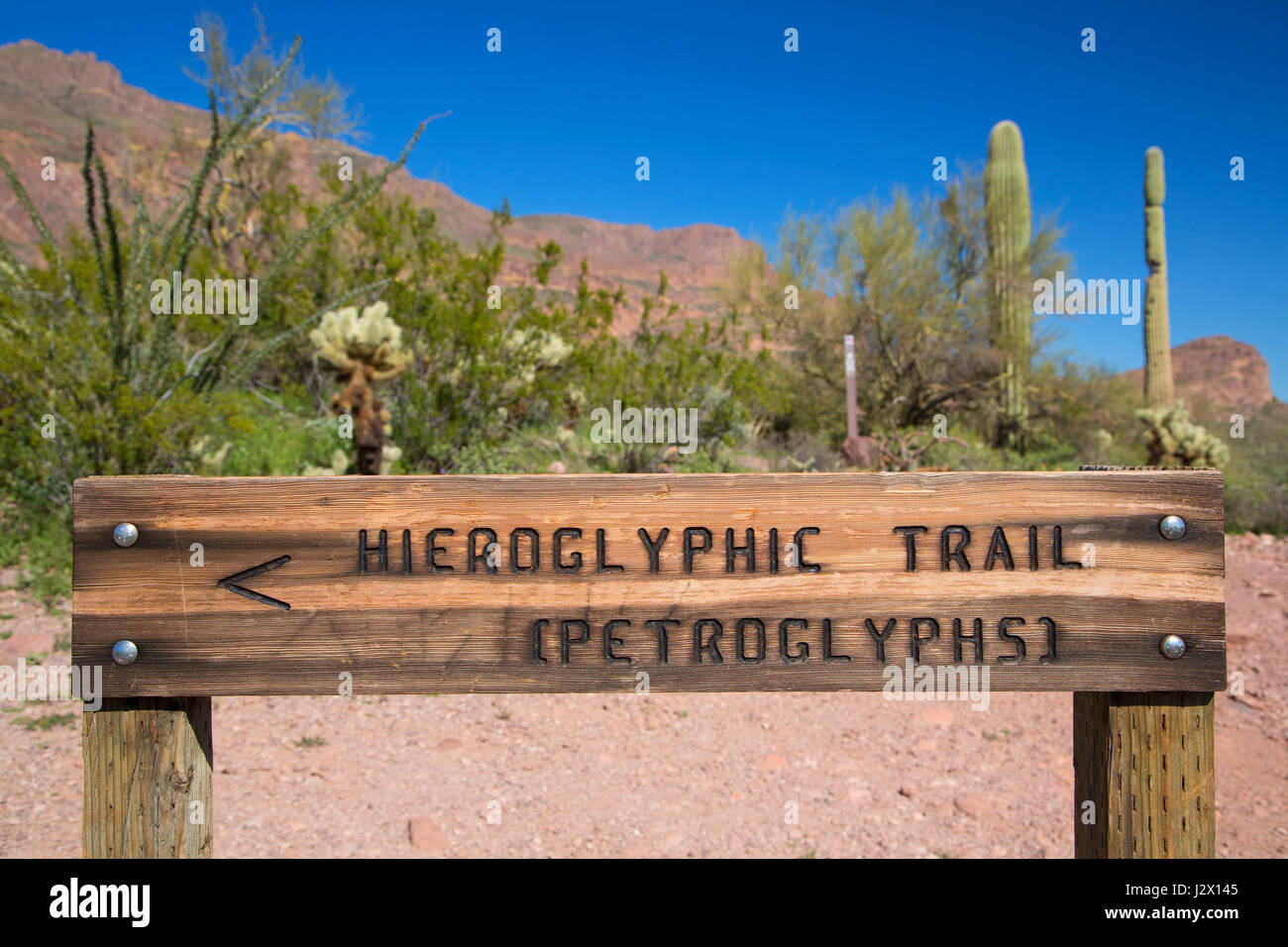 Hieroglyphic Trail sign, Superstition Wilderness, Tonto National Forest ...