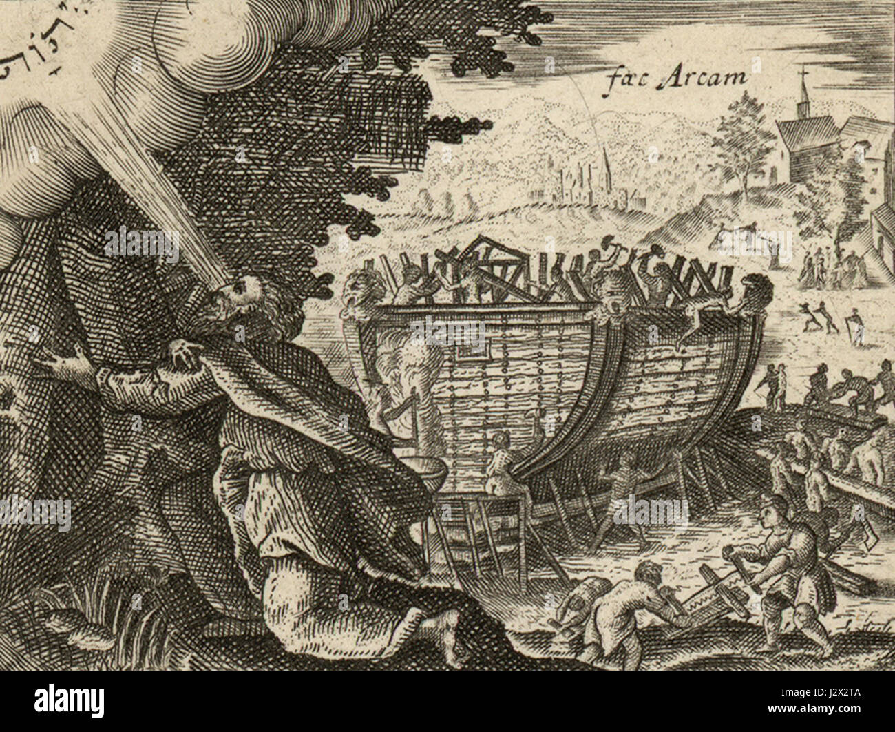 This engraving portrays the construction of Noahâ€™s Ark, highlighting ...