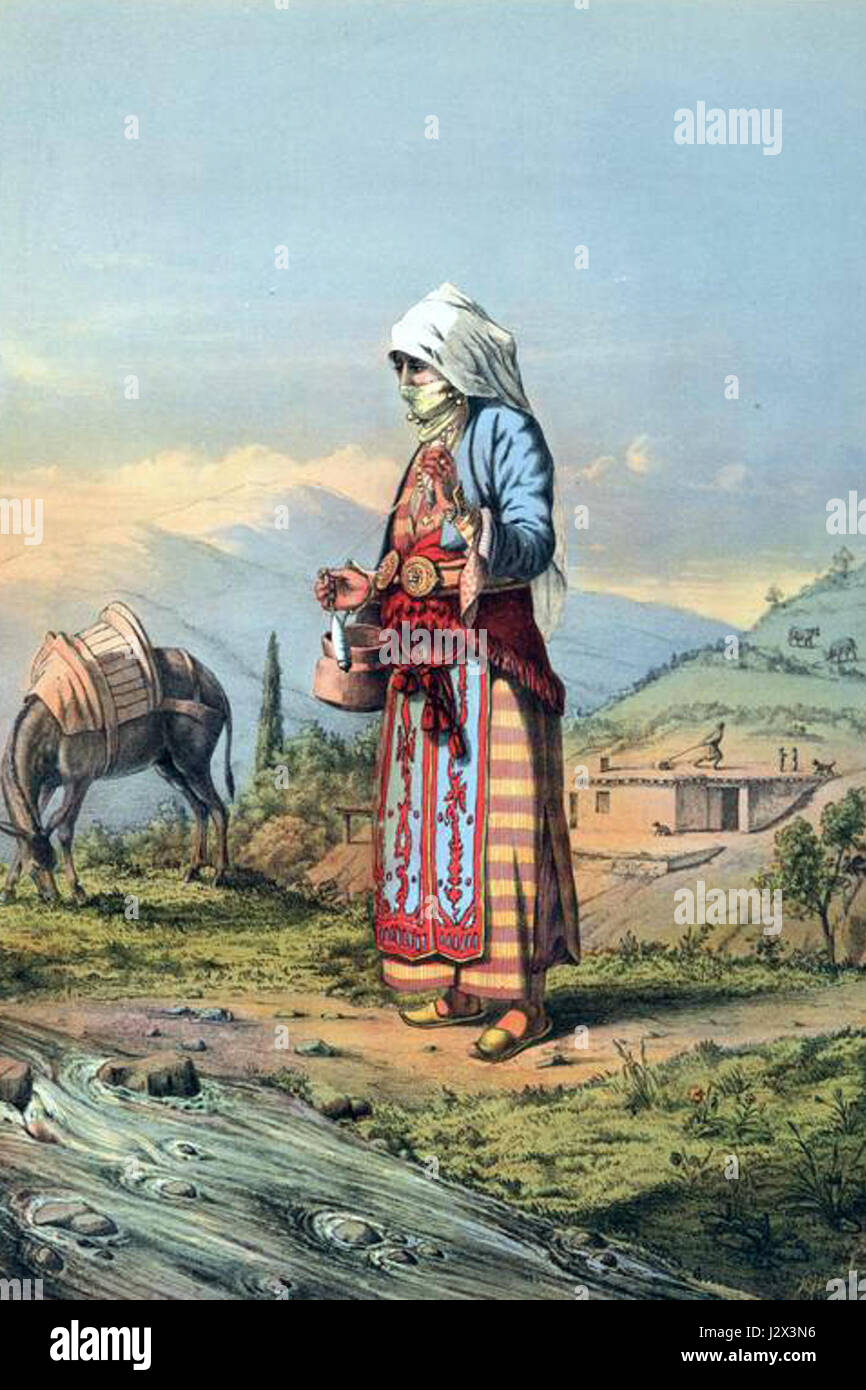 An Armenian woman is depicted in a traditional attire, showcasing the ...