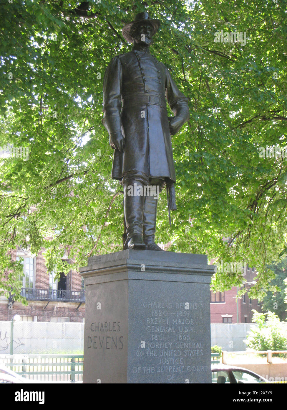 This memorial honors Charles Devens, possibly an American historical figure, depicted in a ...