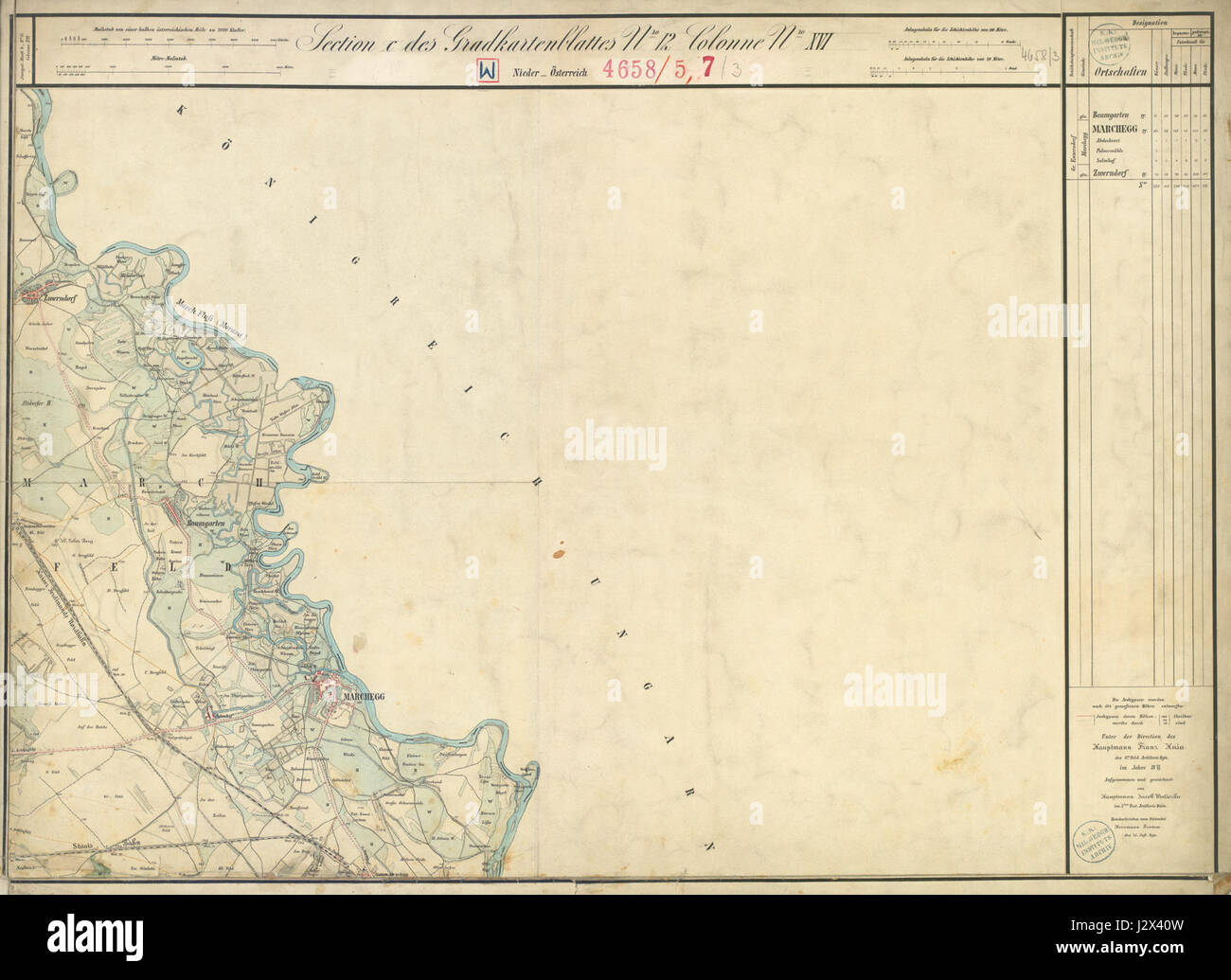 *Aufnahmeblatt 4658-3* is a map sheet depicting the areas of Marchegg ...