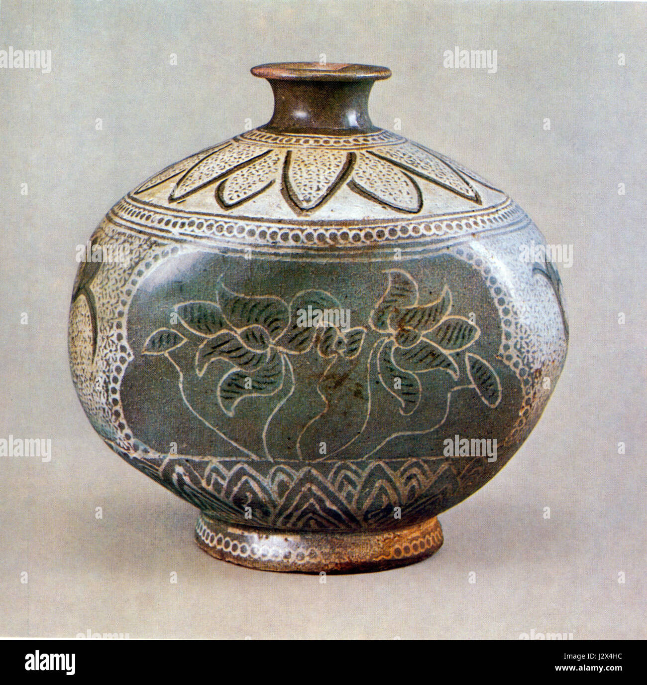 Buncheong Flat Bottle with Inlaid Lotus Design Stock Photo - Alamy