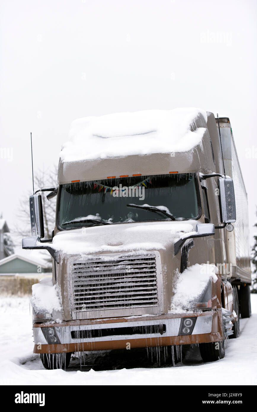 Modern semi truck and trailer in two colors. Truck covered with ice and ...