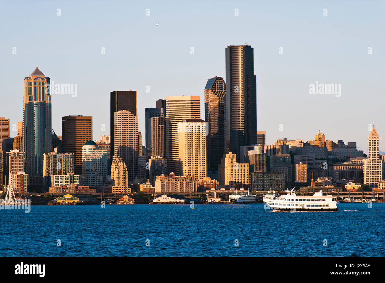 Double-decker passenger boat in the bay on the Pacific coast of Seattle ...