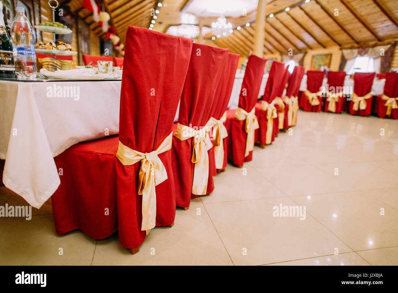 Low angle image of restaurant table setting. Luxury decorated wedding ...