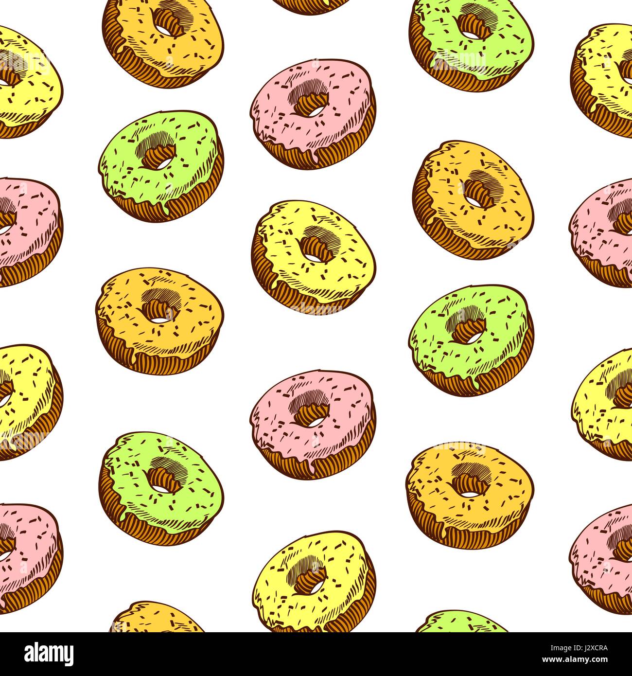 Hand drawn donut seamless pattern. Pastry illustration. Vector bakery background design Stock ...