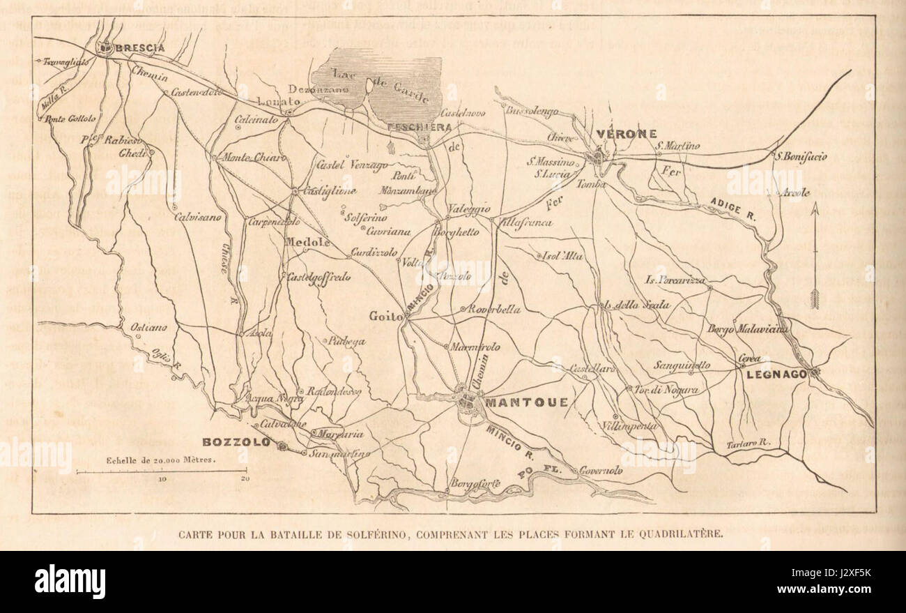 A map depicting the battlefield areas of Solferino and San Martino ...