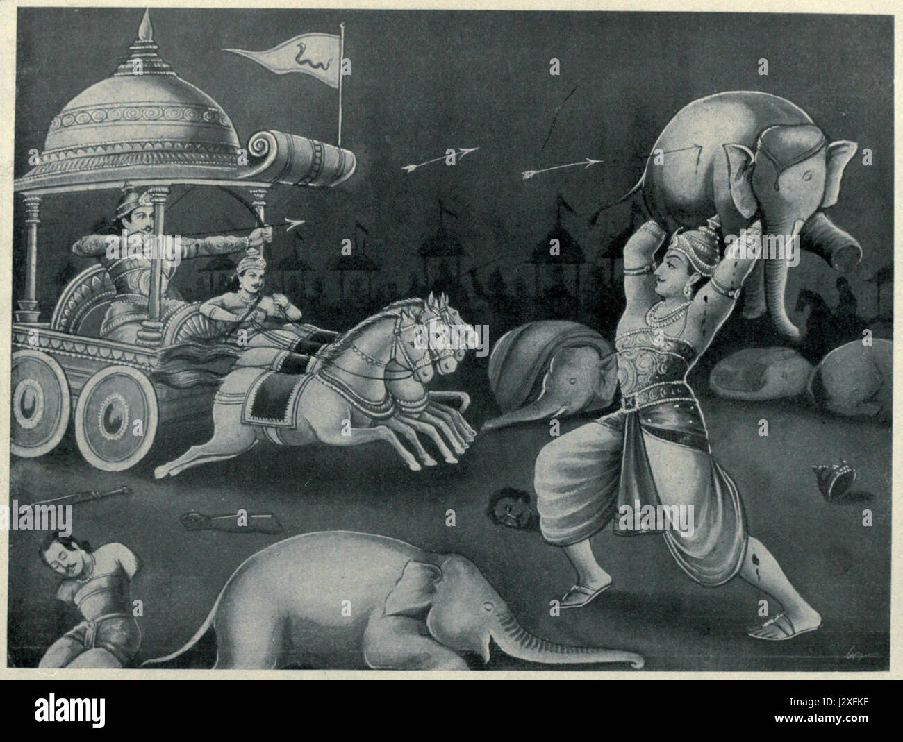 Bhima throws an elephant at Karna's chariot Stock Photo - Alamy