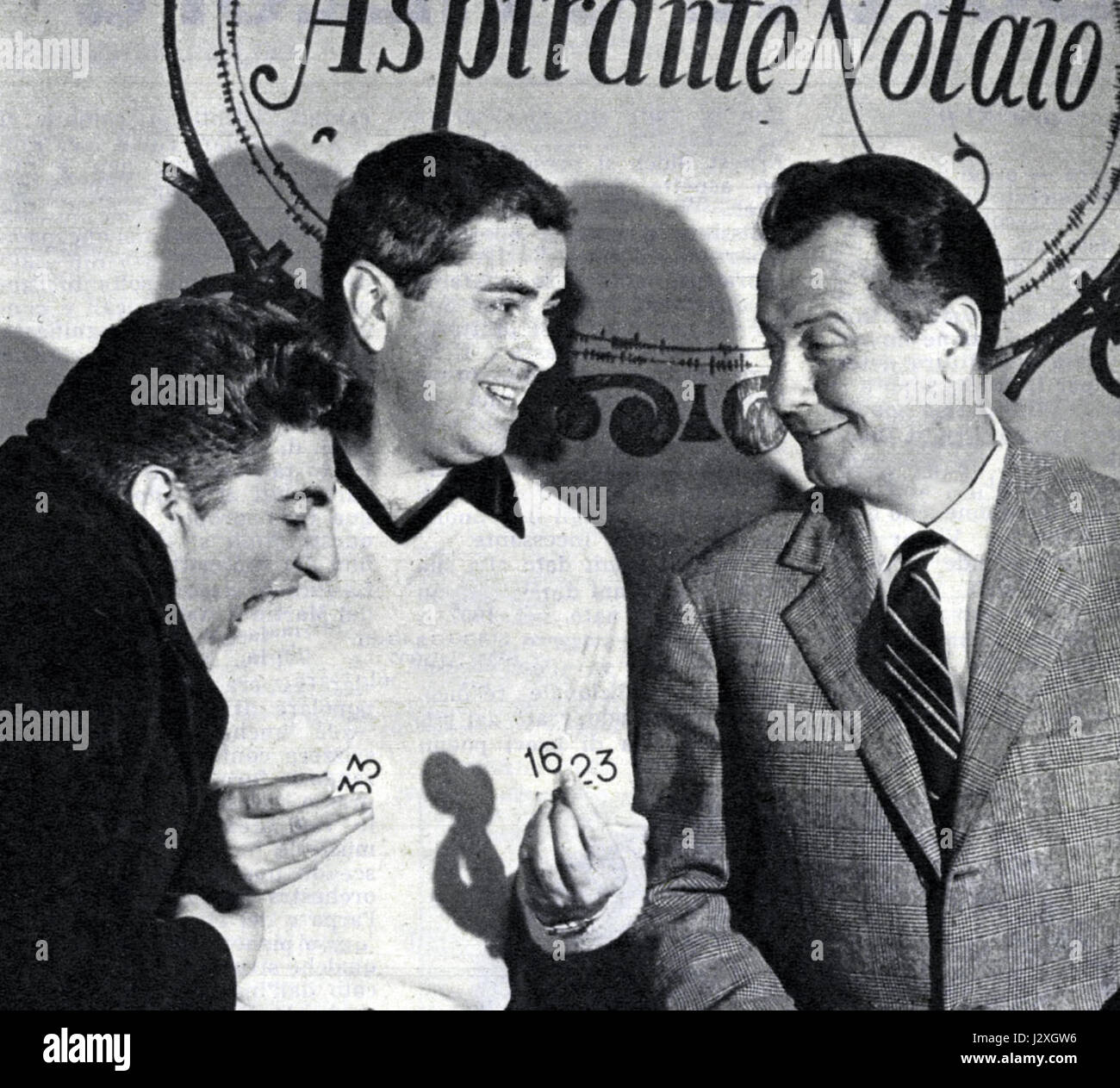 A photograph capturing Italian actors Gino Bramieri, Raffaele Pisu, and ...