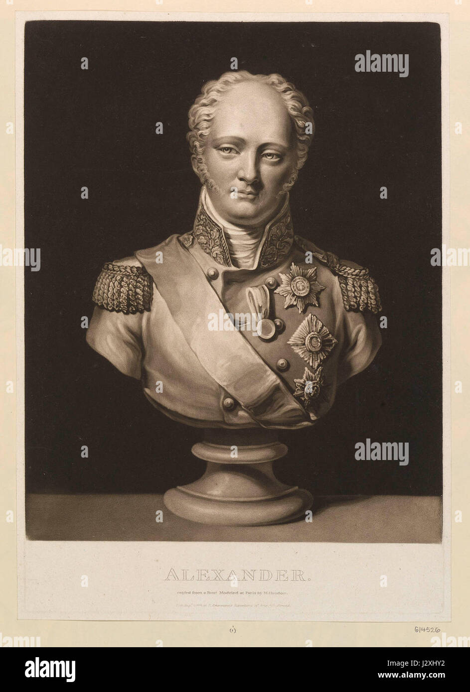 This engraving by Houdon from 1814 depicts a bust of Alexander I of ...