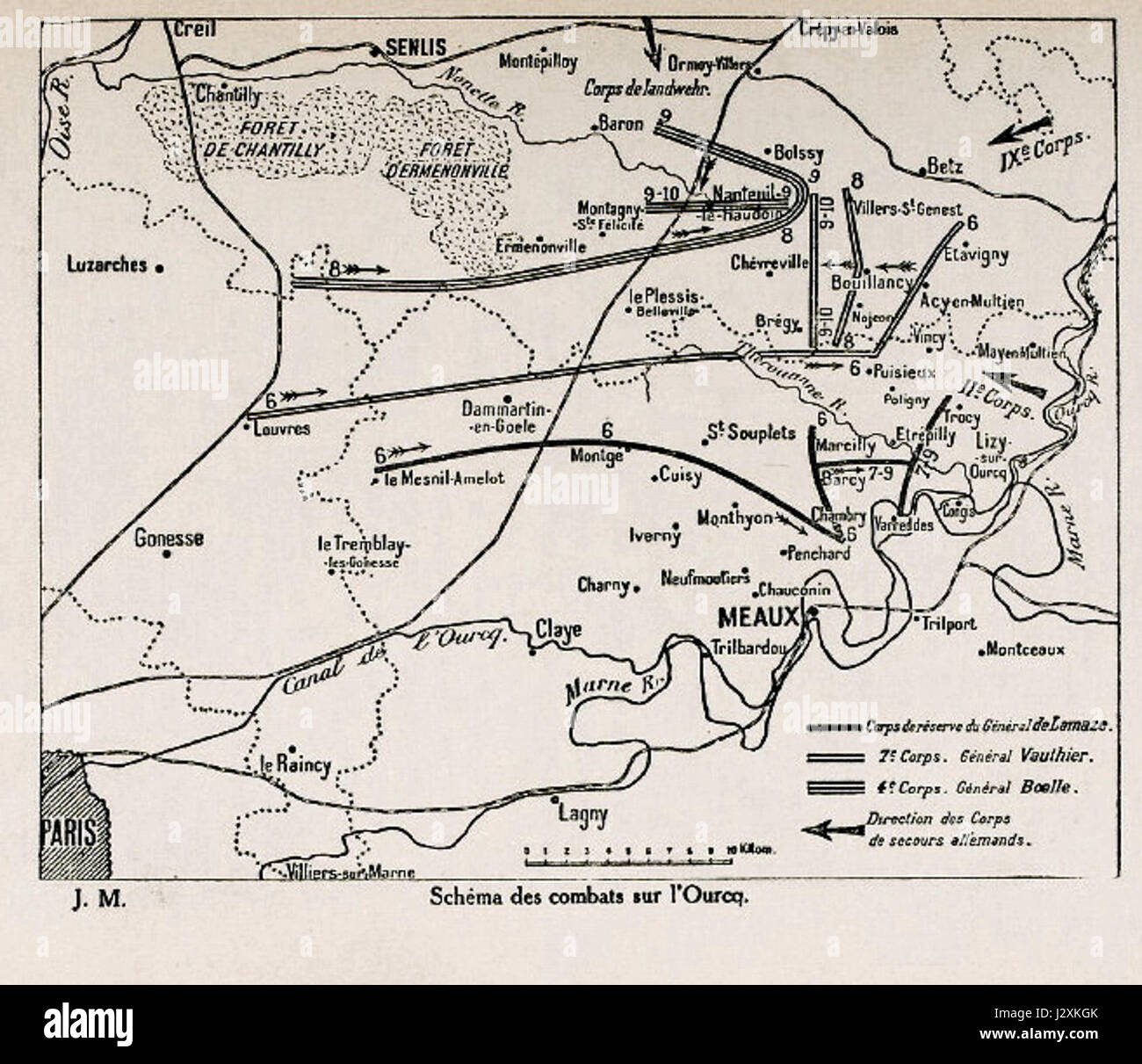 A historical map detailing the combat areas during the Battle of Ourcq ...