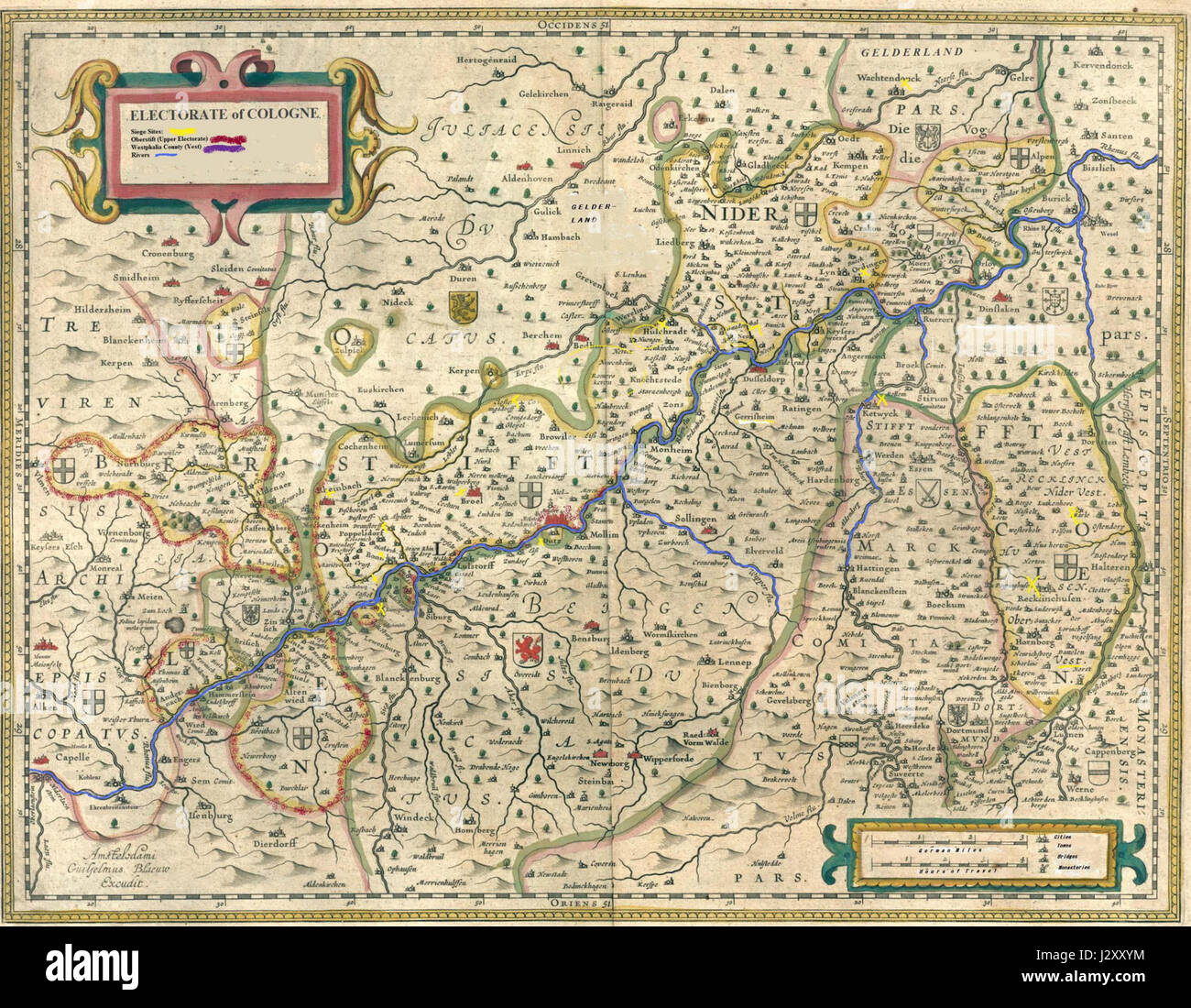 This map, created by Blaeu in 1645, shows the Archbishopric of Cologne, known as 'Coloniensis ...