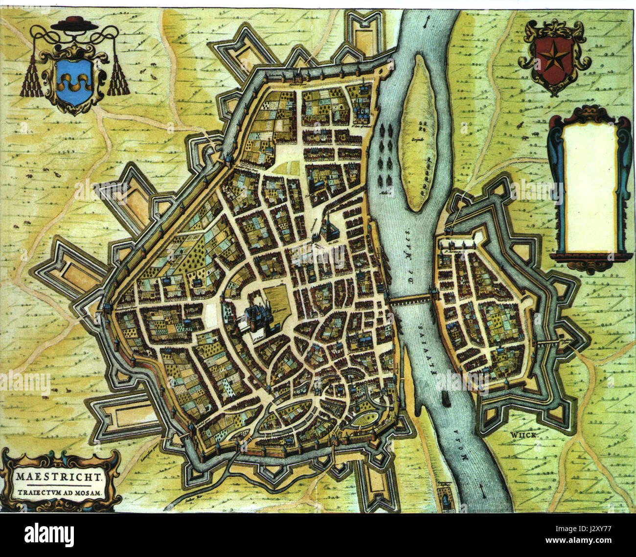 A 1652 map by Blaeu, depicting Maastricht in the Netherlands, showing ...