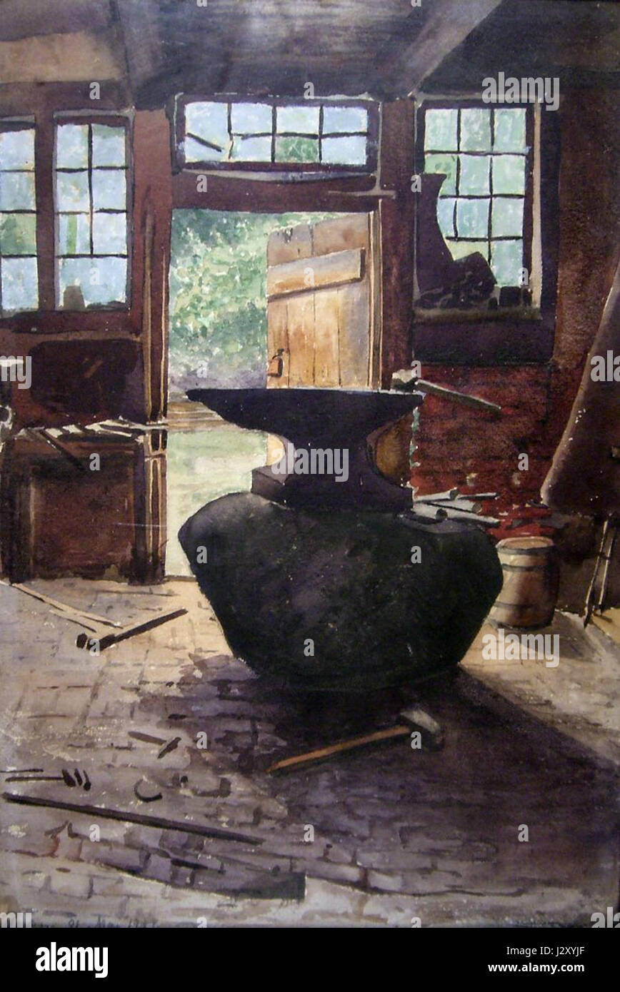 A detailed image showing a blacksmith’s workshop, with the smith at ...